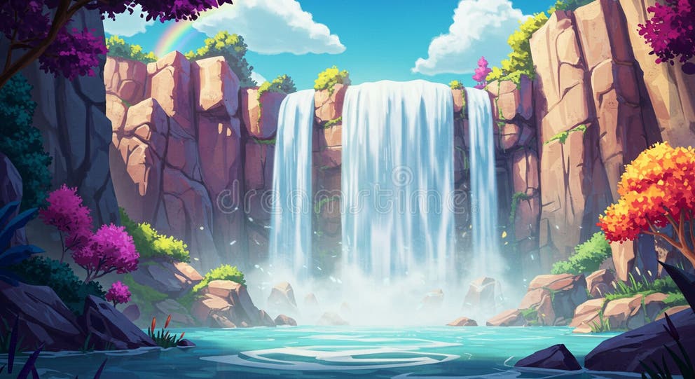 A Digitally Created Scene Features a Vibrant Waterfall Cascading Over ...