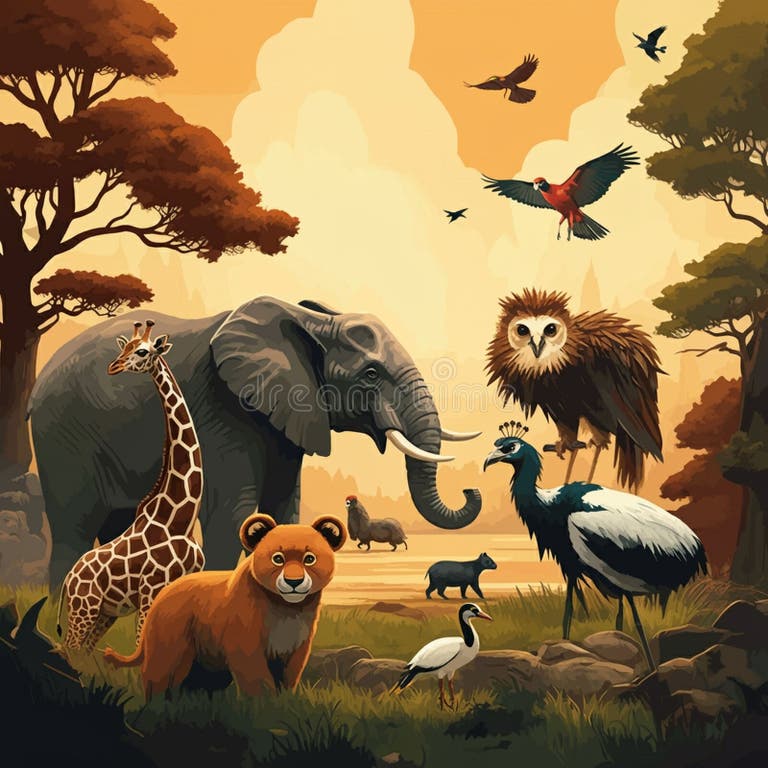 A Digitally Created Scene Featuring Various Animals in a Stylized ...