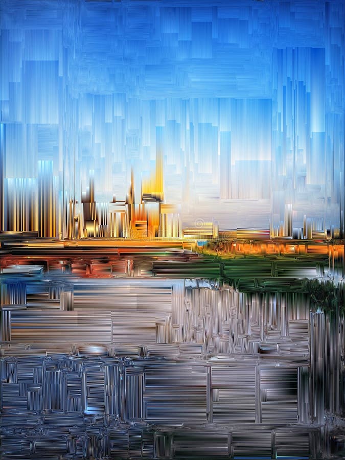 Digitally Distorted Urban Landscape with Cityscape and Sky, Rendered in ...