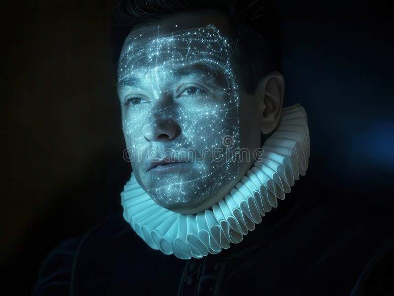 A Digitally Enhanced Face of a Man in Historical Attire with Glowing ...