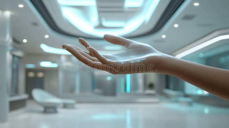 Futuristic Hand Gesturing in Modern Interior Space Stock Illustration ...