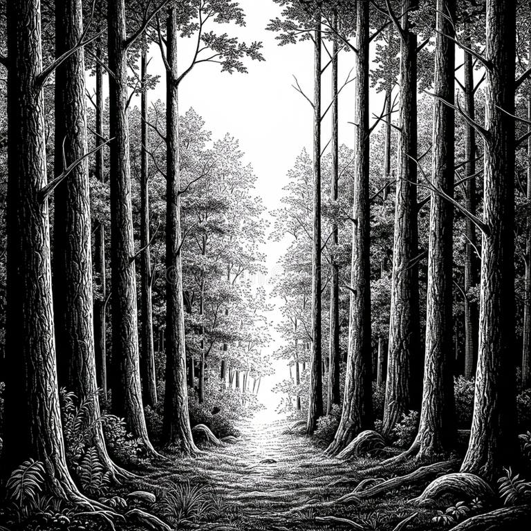 A Digitally Generated Black and White Forest Scene with Tall Trees ...