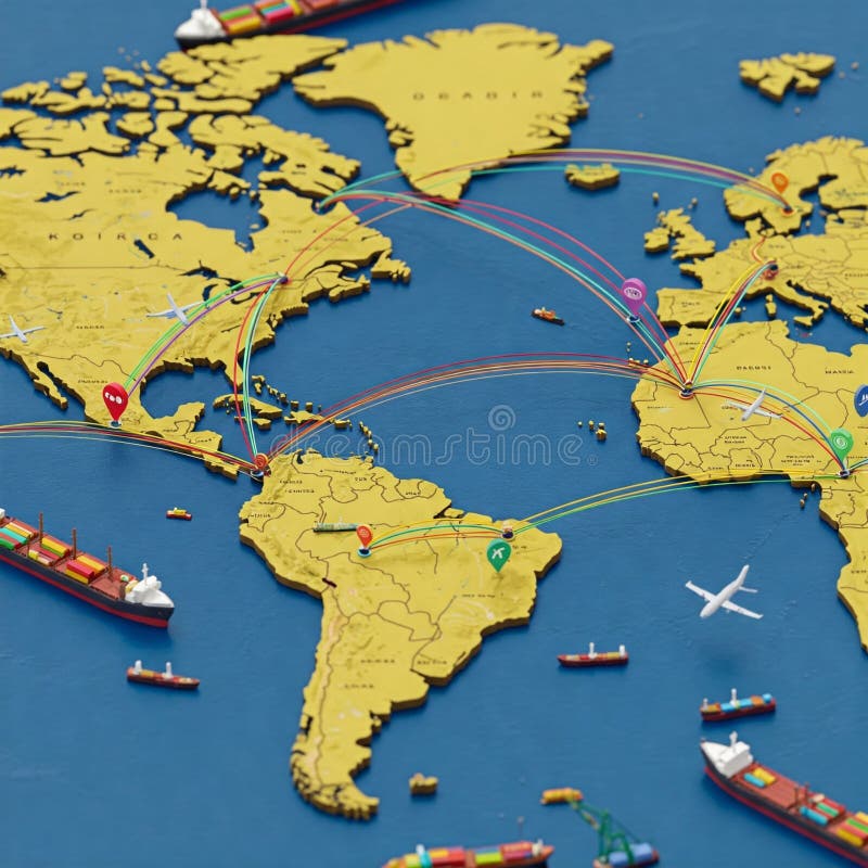 AI Concept: Intercontinental Trade with Ships and Planes on World Map ...