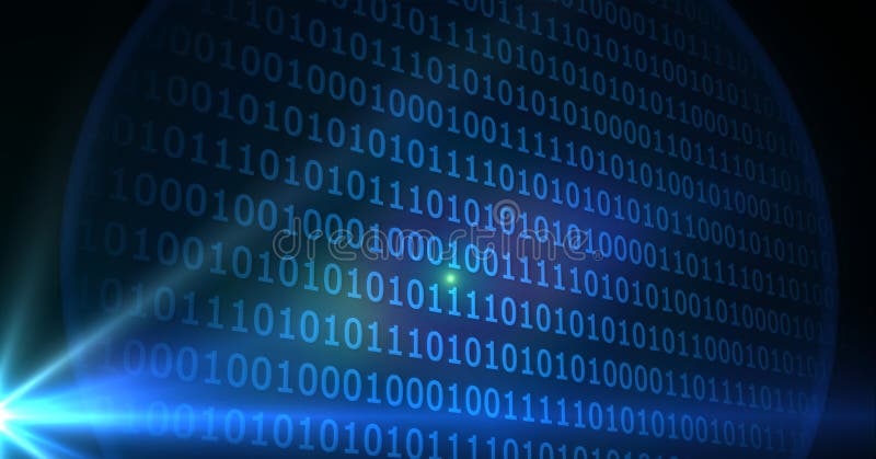 Digitally Generated Image Of Binary Coding Data Processing Against Spot Of Light On Blue