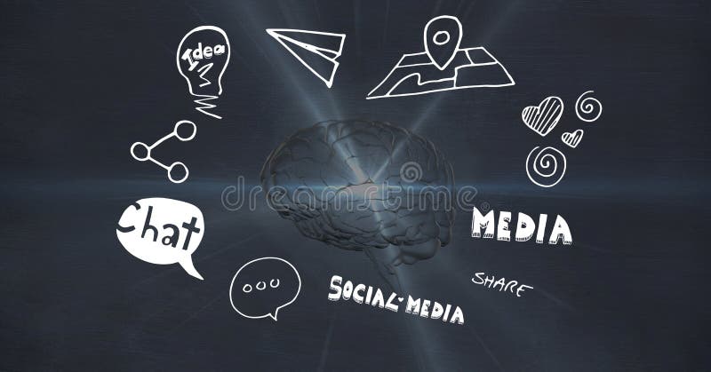 Digitally Generated Image of Brain with Text and Symbols Against Blue ...