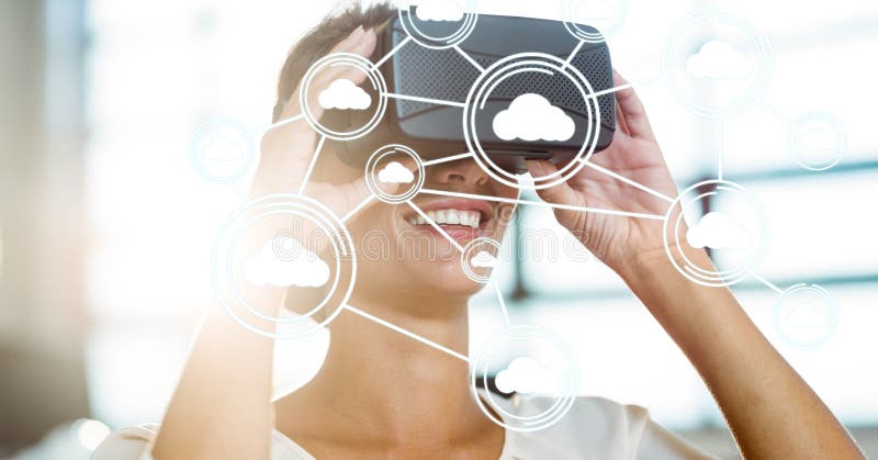 Digitally Generated Image of Cloud Computing Icons with Woman Using VR ...