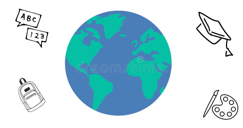 Digitally Generated Image of Earth with School Education Icons Against ...