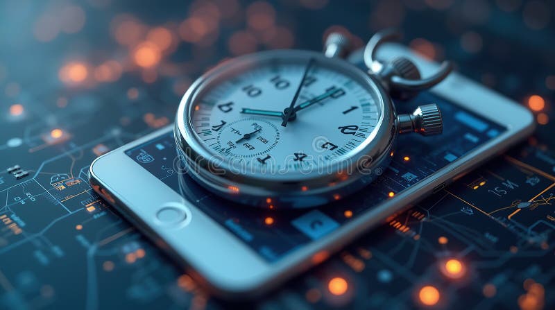 Digital Stopwatch on Smartphone with Circuit Board Background Stock ...