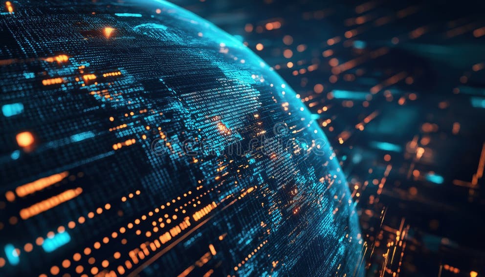 Digitally Generated Image Showing Globe with Binary Coding and Data Processing on Dark ...