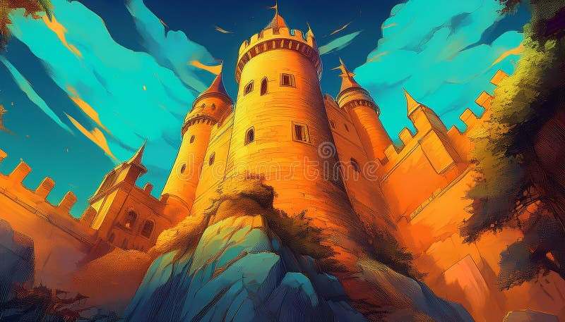 Old romantic orange castle stock illustration. Illustration of hues ...