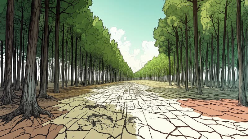 A Digitally Illustrated Forest Scene with Tall Trees Lining Both Sides ...
