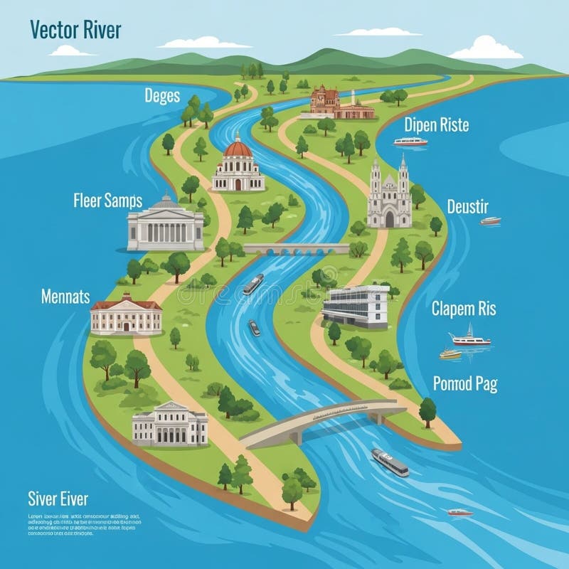 Illustrated Map of Vector River Showcases a Winding River with Various ...