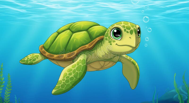 A Digitally Illustrated Sea Turtle Swims Underwater. the Turtle Has a ...