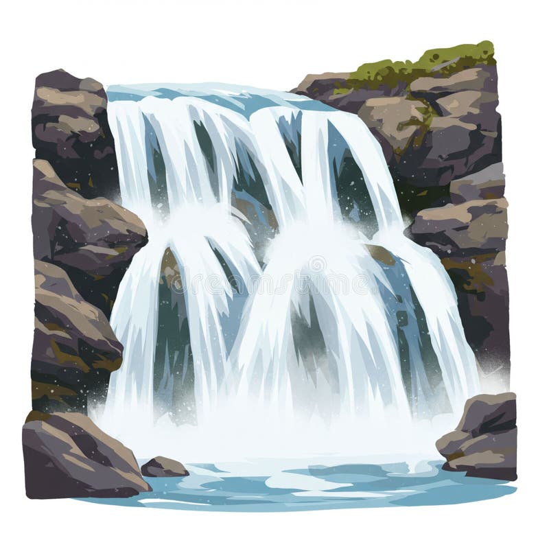 A Digitally Illustrated Waterfall Cascading Over Jagged Rocks, Creating ...