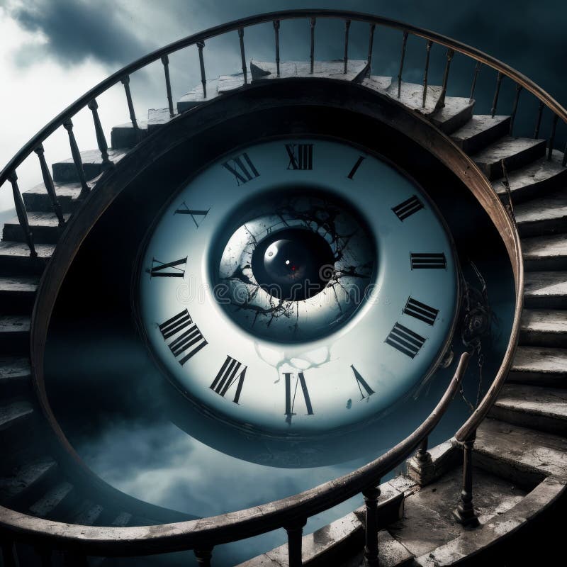 Surreal Spiral Staircase with Eye and Clock Motif Stock Image - Image ...