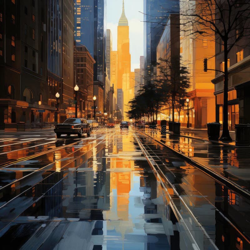 Digitally Painted Cityscape with Luminous Reflections and Golden Tones ...