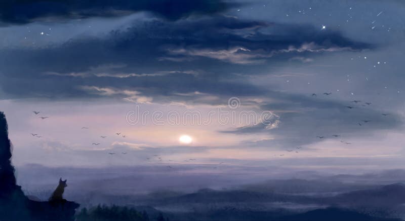 Digitally Painted Dusk with Sunset Landscape in Color Stock ...