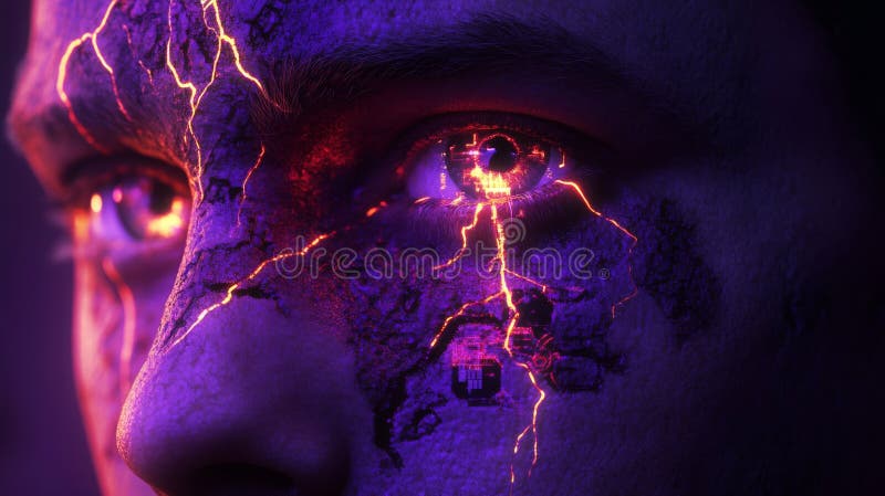 A Digitally Rendered Abstract Human Face Lit by Neon Lights in ...