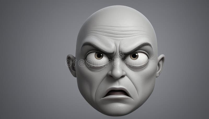 Grumpy Bald Character with Intense Gaze on Gray Background Stock ...