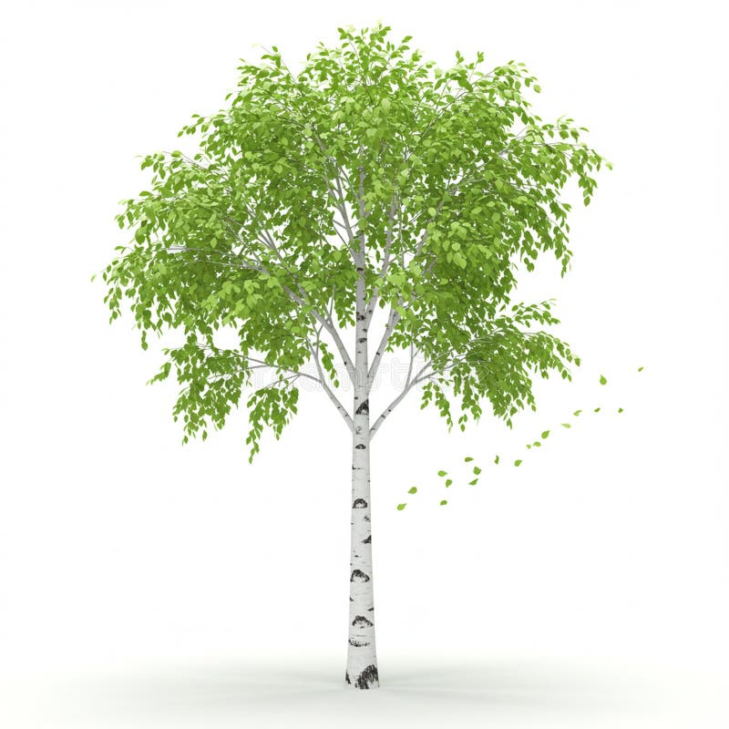 A Digitally Rendered Birch Tree with a Slender, White Trunk Featuring ...