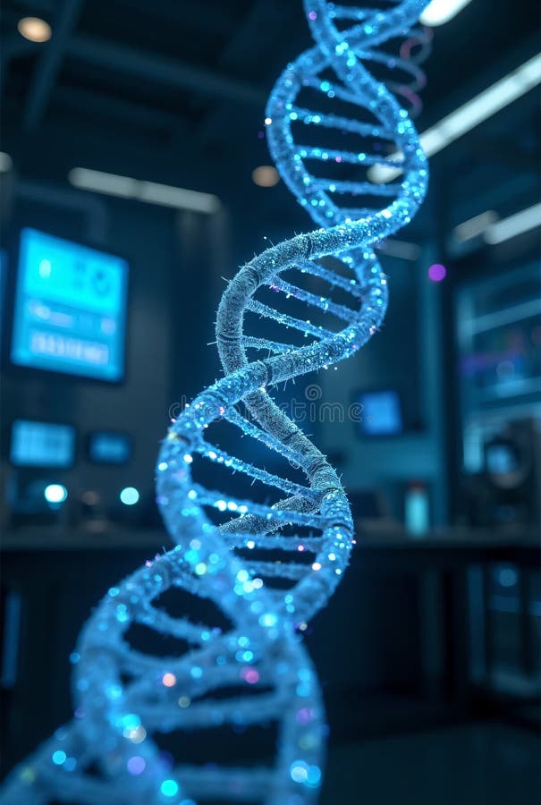 DNA Strand with Blue Lights on a Dark Background. 3d Rendering Stock ...