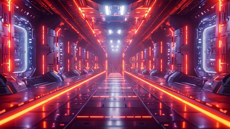 A Digitally Rendered, Futuristic Corridor Lit by Bright Red Neon Lights ... A Digitally Rendered, Futuristic Corridor Lit by Bright Red Neon Lights ...