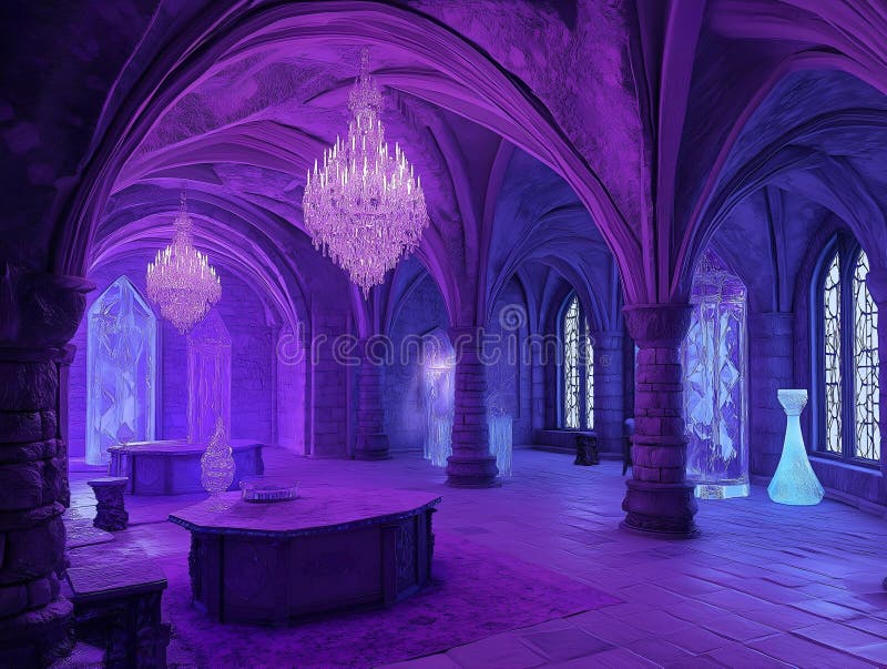 Gothic Hall, Purple Lighting, Stone Architecture, Mysterious Atmosphere ...