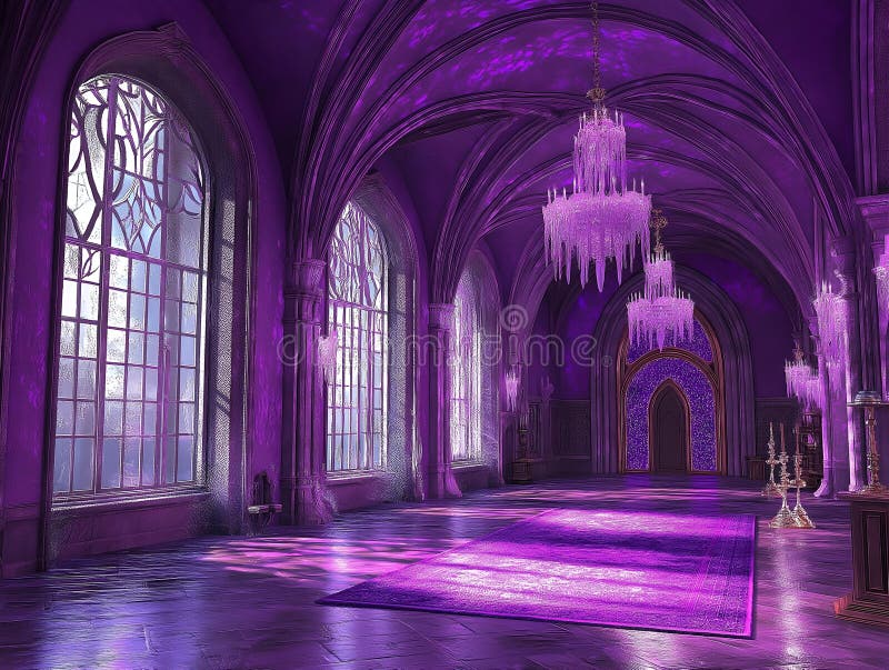 Gothic Hall, Purple Lighting, Stone Architecture, Mysterious Atmosphere ...