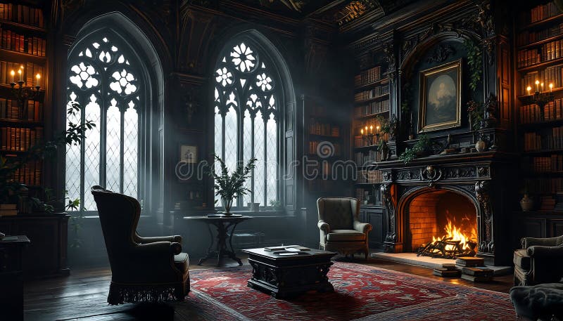 Dark Academia Library: Gothic Interior with Fireplace and Bookshelves ...
