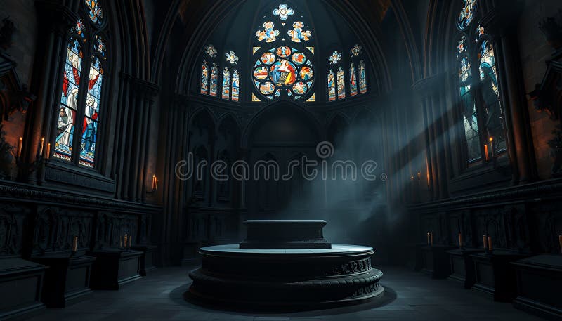 Dimly Lit Gothic Cathedral Interior with Stone Altar and Stained Glass ...