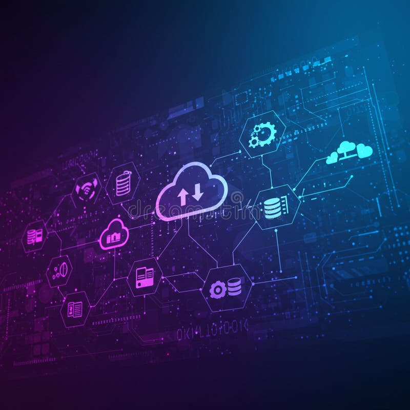 Digitally Rendered Image Features a Futuristic Circuit Board Design with Icons Stock ...