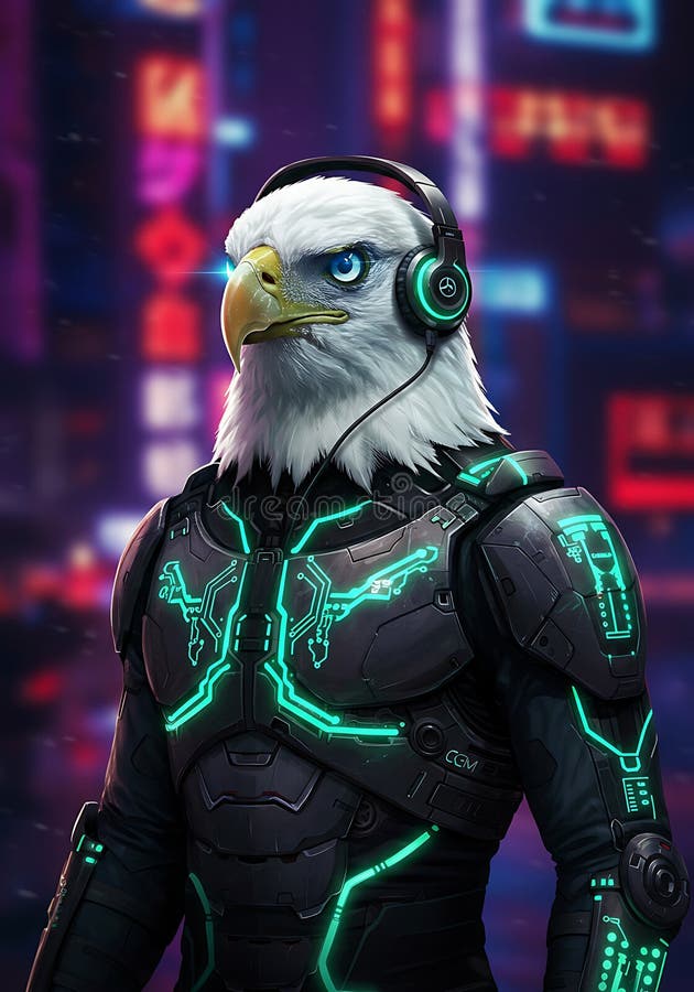 Cybernetic Eagle: a Futuristic Avian Entity Navigating Neon-Lit Urban ...