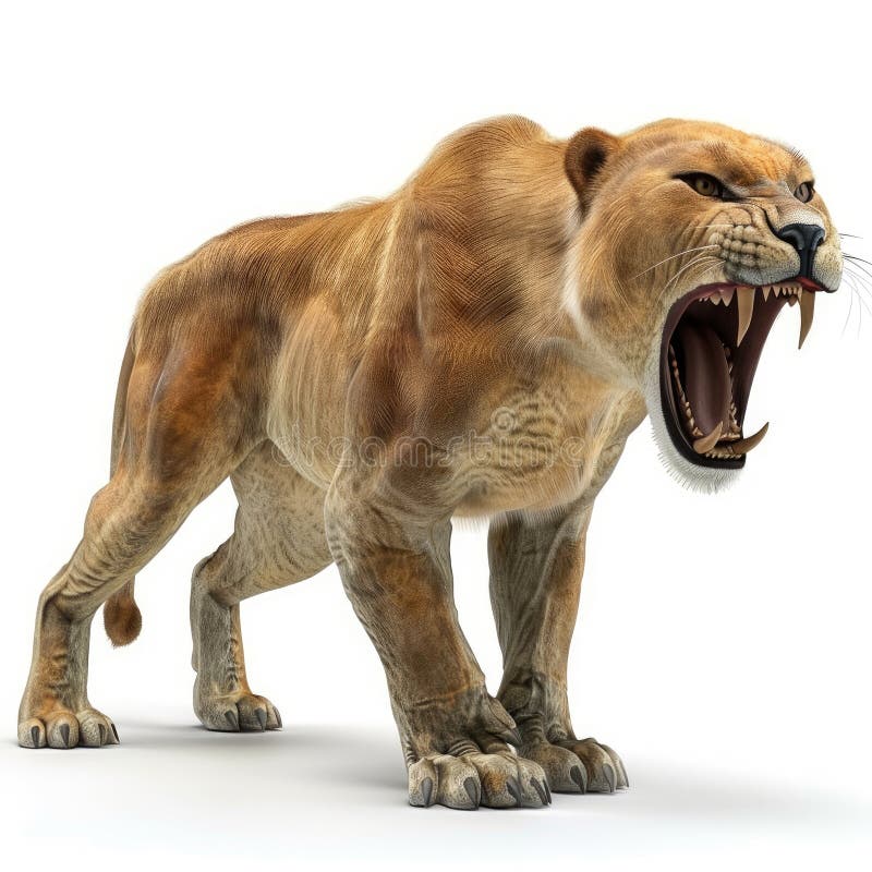 Powerful Saber-Toothed Cat Roaring, 3D Render of Extinct Predator Stock ...