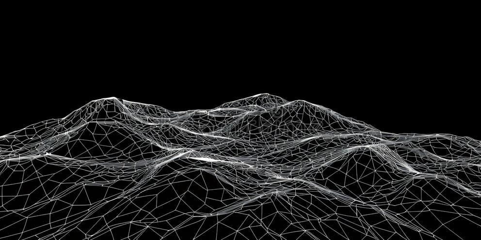 A Digitally Rendered Landscape with a White Wireframe Mesh Over a Black ...
