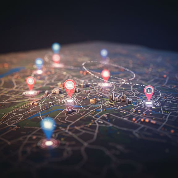 A Digitally Rendered Map Featuring Various Location Markers with 3D Icons, Stock Illustration ...