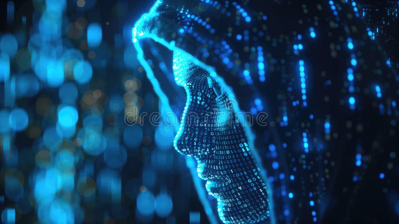 Digitally Rendered Profile of a Hooded Figure with Binary Code and Blue ...