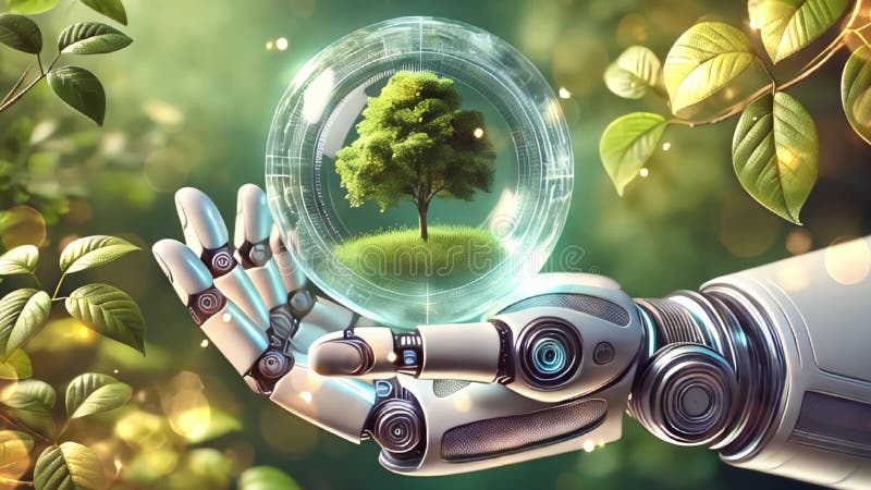 Futuristic Robotic Hand Gently Holding a Globe Encapsulating a Green ...