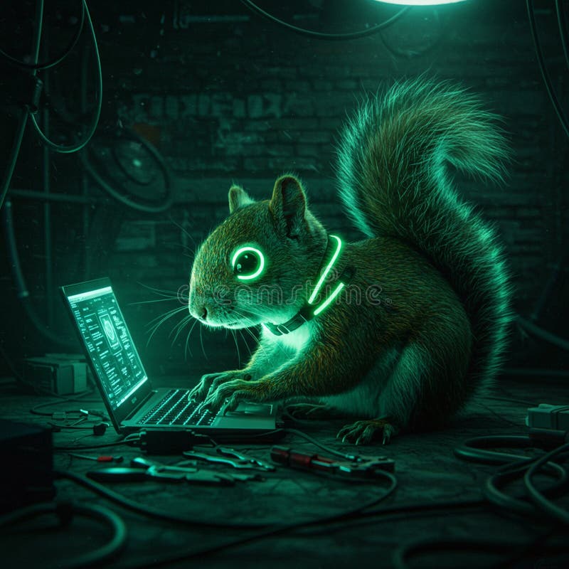 A Digitally Rendered Squirrel with Luminescent Green Eyes and a Glowing ...