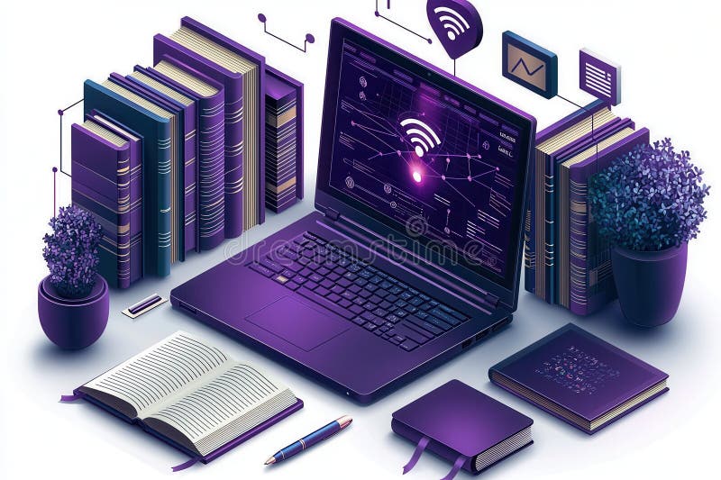 Modern Workspace with a Laptop, Books, and Connected Digital Data ...