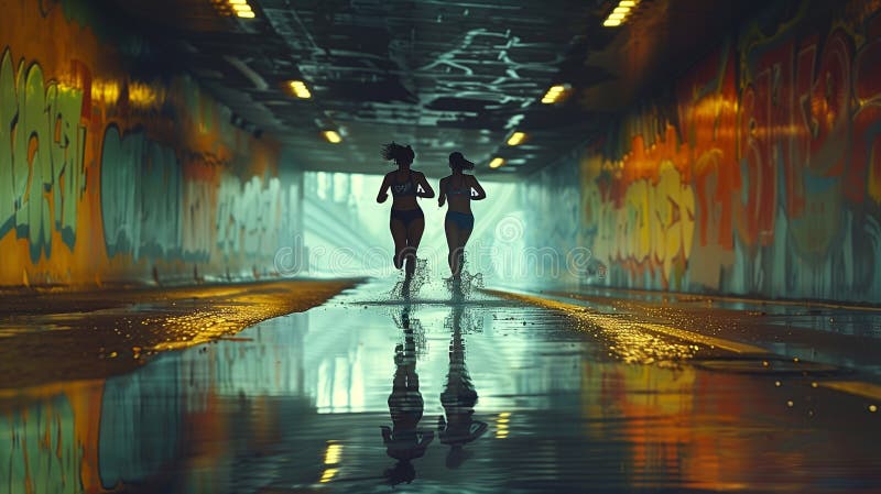 Dynamic Duo: Running through the Vibrant Urban Tunnel Stock Photo ...
