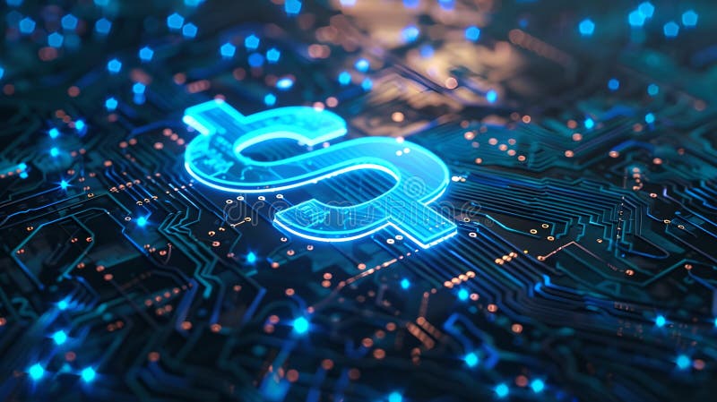 Digitized Finance Concept with Glowing Dollar Sign on Circuit Board ... Digitized Finance Concept with Glowing Dollar Sign on Circuit Board ...