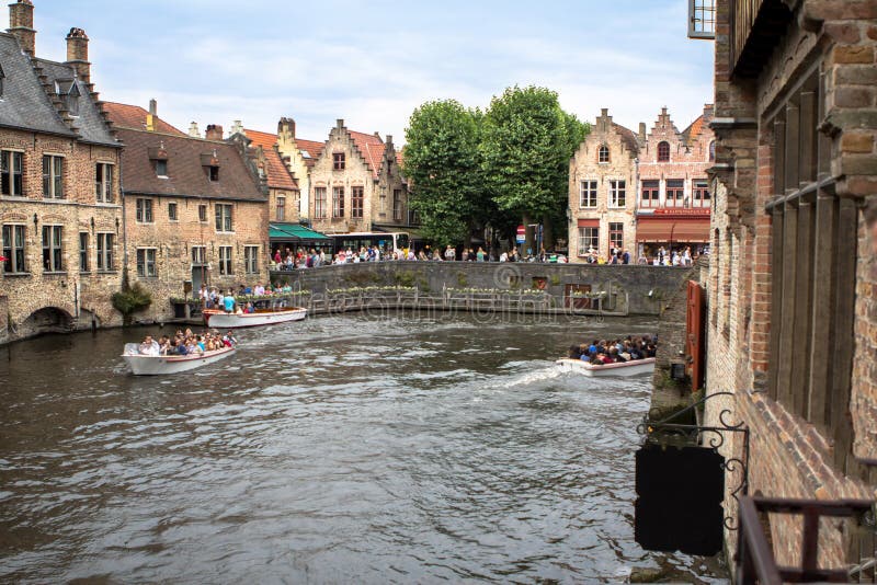 Dijver Canal in Bruges, Belgium Stock Photo - Image of cafe, water ...
