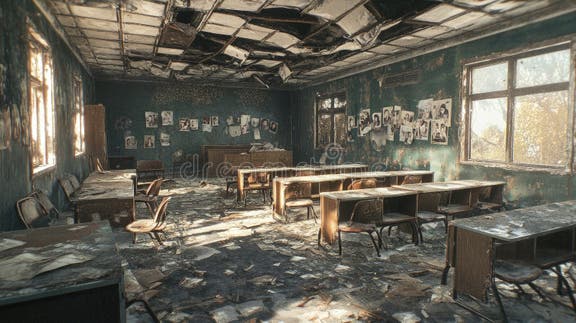 Dilapidated Abandoned Classroom Interior with Desks, Chairs, and Broken ...