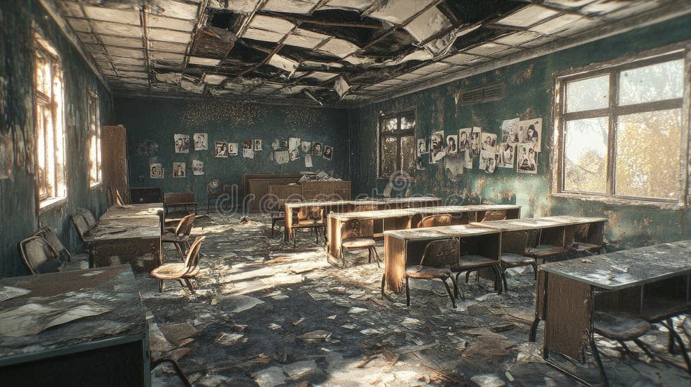 Dilapidated Abandoned Classroom Interior with Desks, Chairs, and Broken ...