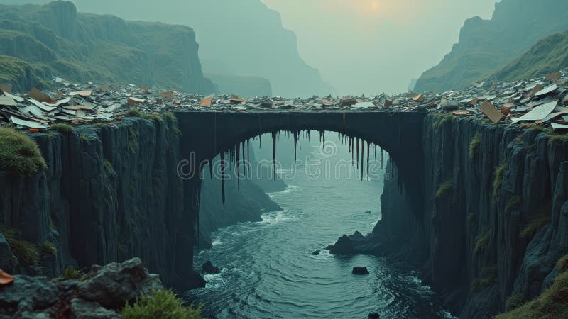 Dilapidated Bridge Over Misty River in Rugged Canyon Landscape Stock ...