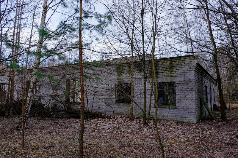 A Dilapidated Building with Broken Windows is Surrounded by Bare Trees ...