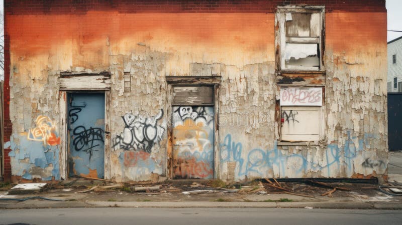 A Dilapidated Building with Graffiti on the Side, AI Stock Illustration ...