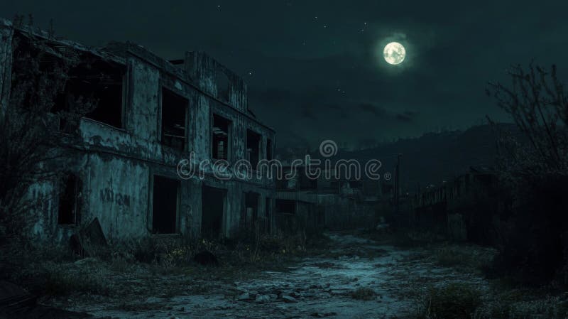 A Dilapidated Building Stands Under the Moonlight in an Abandoned Town ...