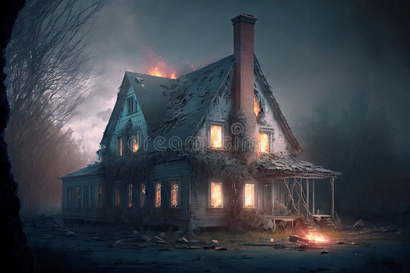 Dilapidated Burning House All in Fire and Ashes after Arson Stock ...
