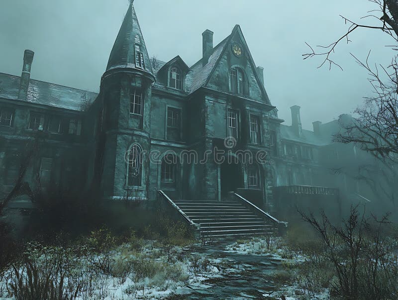 A Dilapidated, Gothic Mansion Shrouded in Mist Stock Illustration ...